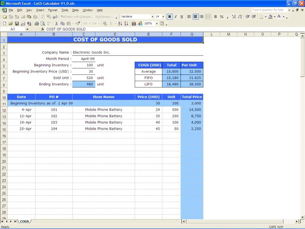 4 Cost Of Goods Sold Templates Excel Xlts 4 Cost Of Goods Sold Templates Excel Xlts